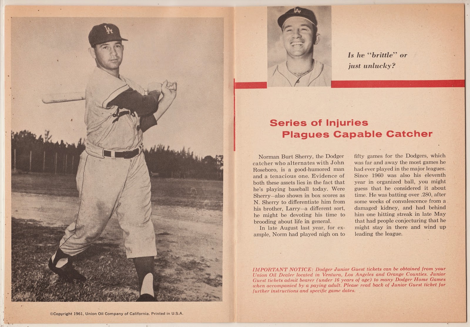 Dodgers Blue Heaven: The Norm Sherry 1961 Union Oil Dodger Family Booklet