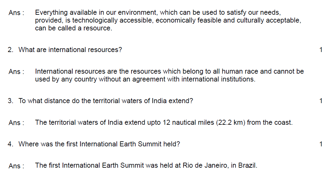 RESOURCES CH-1 GEOGRAPHY QUESTION ANSWER CLASS 10