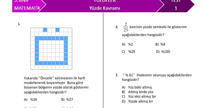 5.SINIF YÜZDELER TEST - Test Matematik
