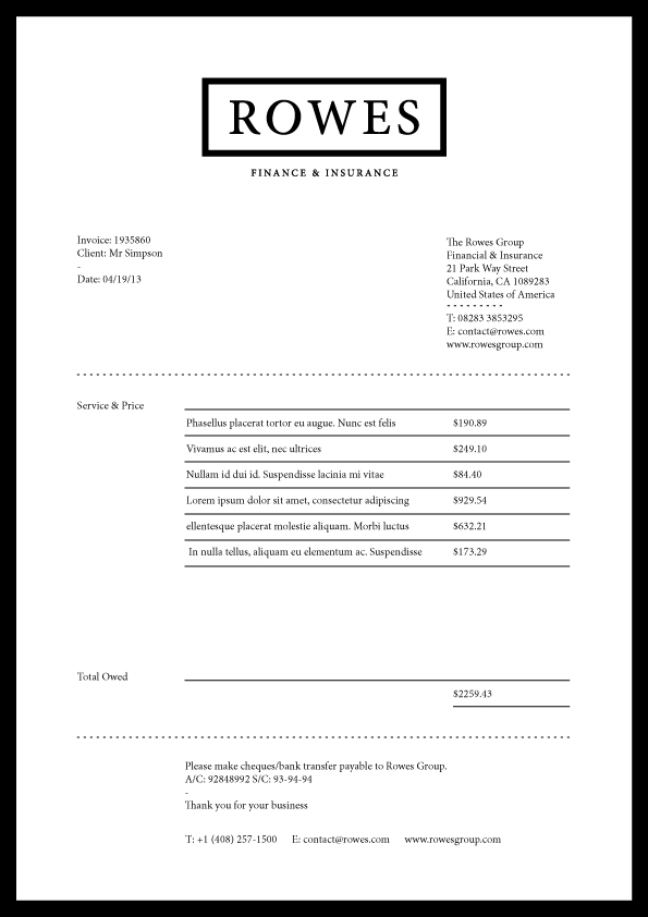 design practice: Rowes: Invoice and Envelope