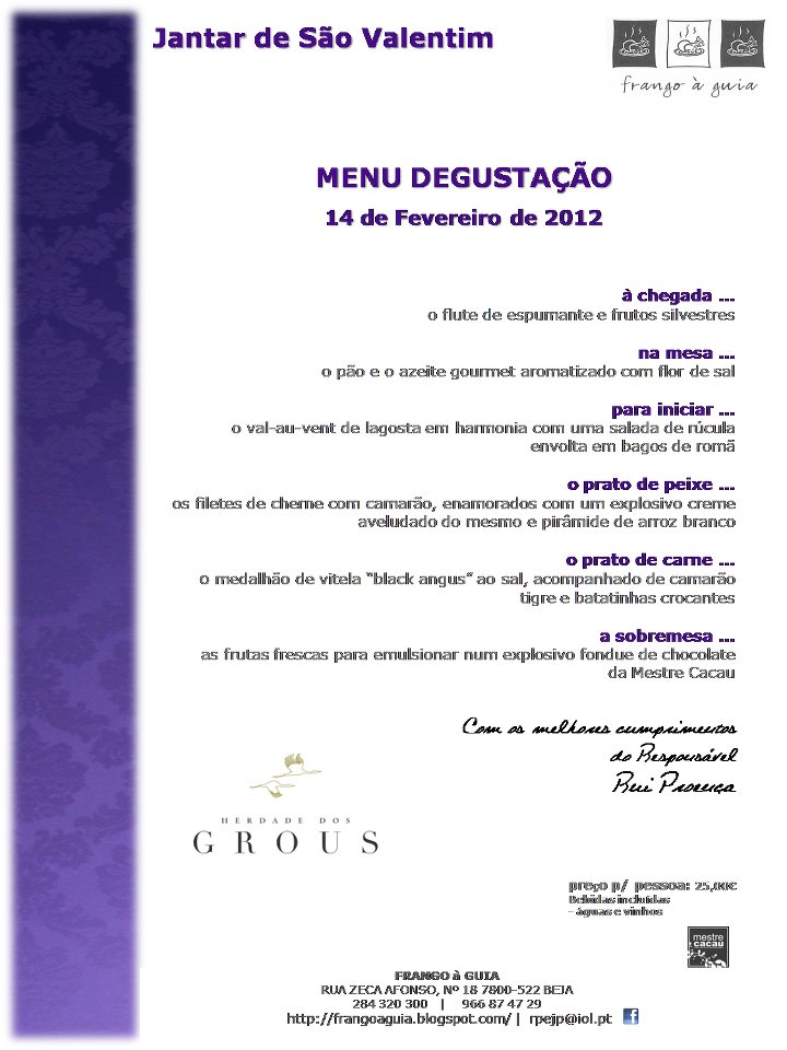 Frango à Guia: Menu Degustação - Jantar de São Valentim