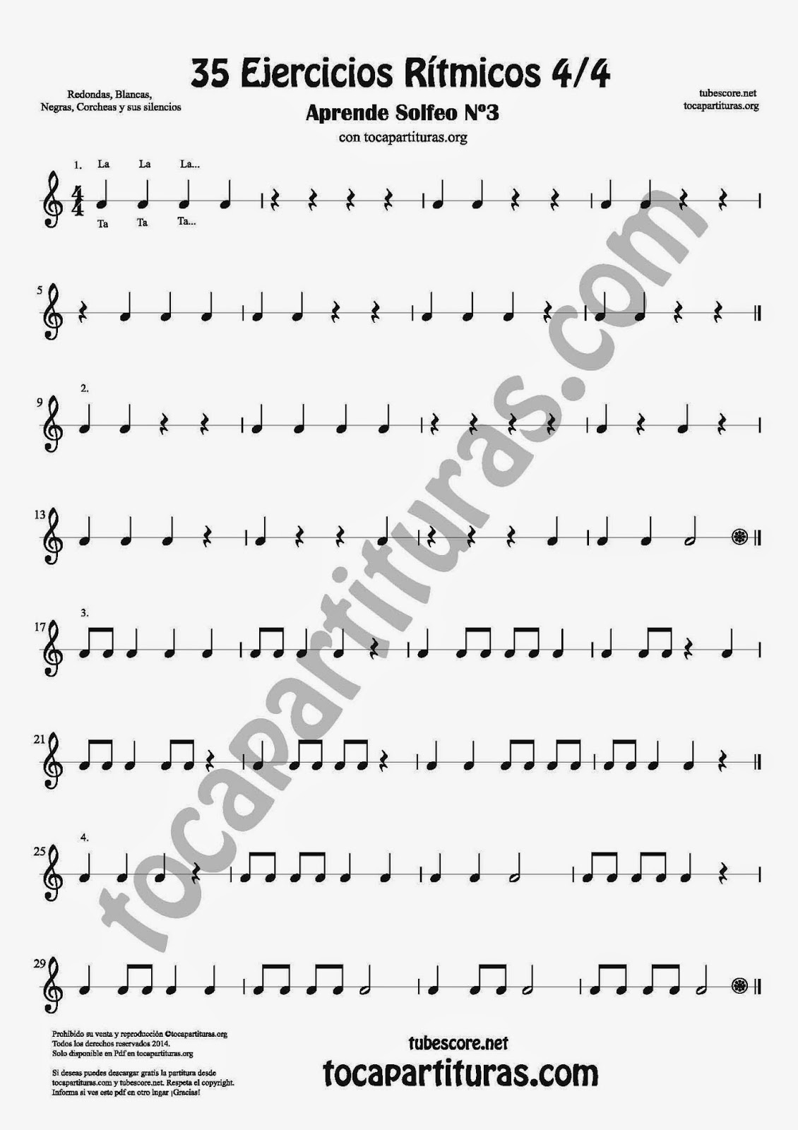 tocapartituras: 35 Ejercicios Rítmicos en 4/4 Partituras de Ritmos con Negra, Corcheas, Blanca y ...