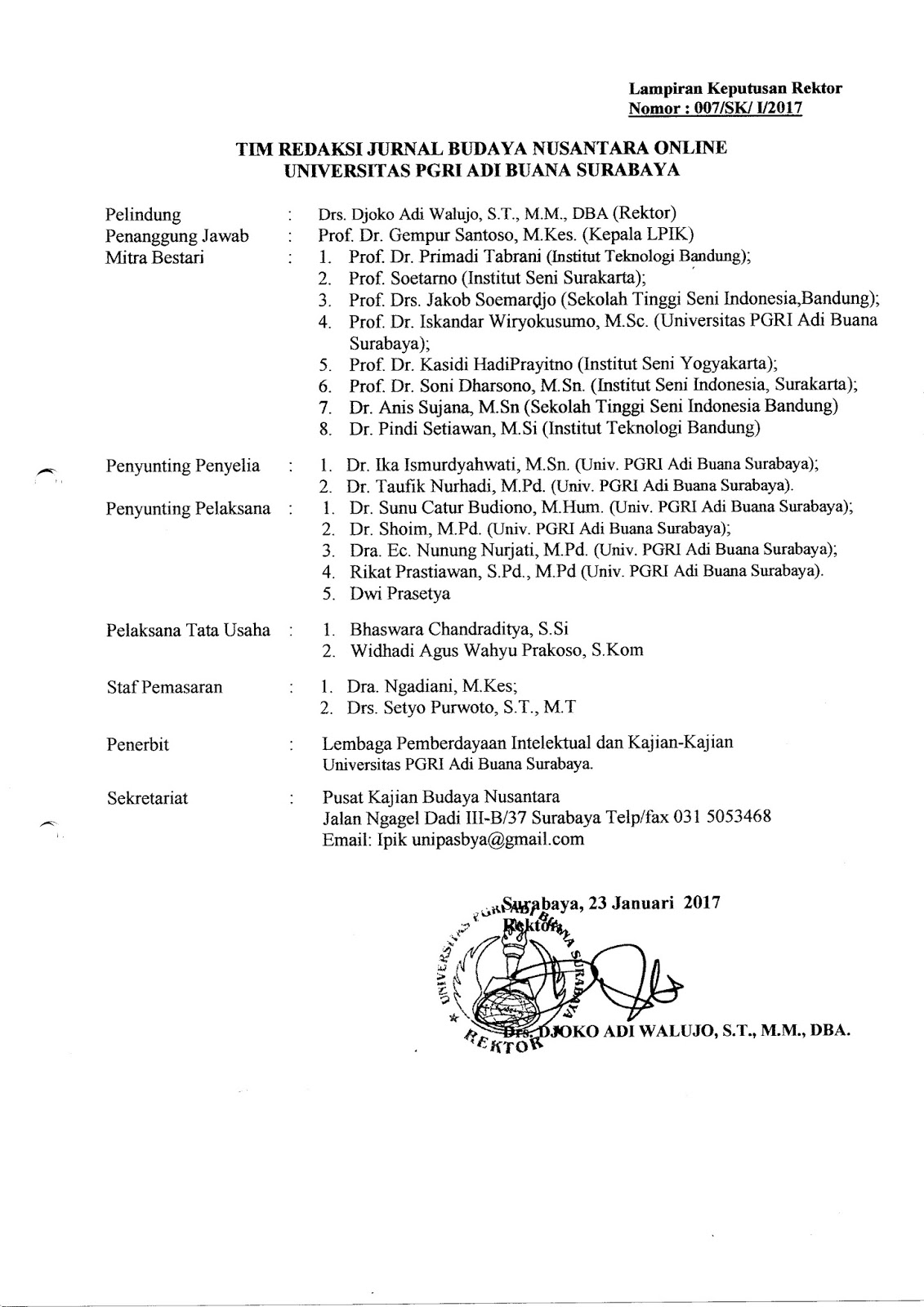 SURAT KEPUTUSAN REKTOR TENTANG TIM REDAKSI JURNAL BUDAYA ONLINE