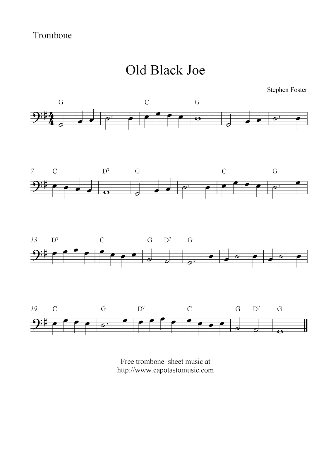 Old Black Joe, free trombone sheet music notes