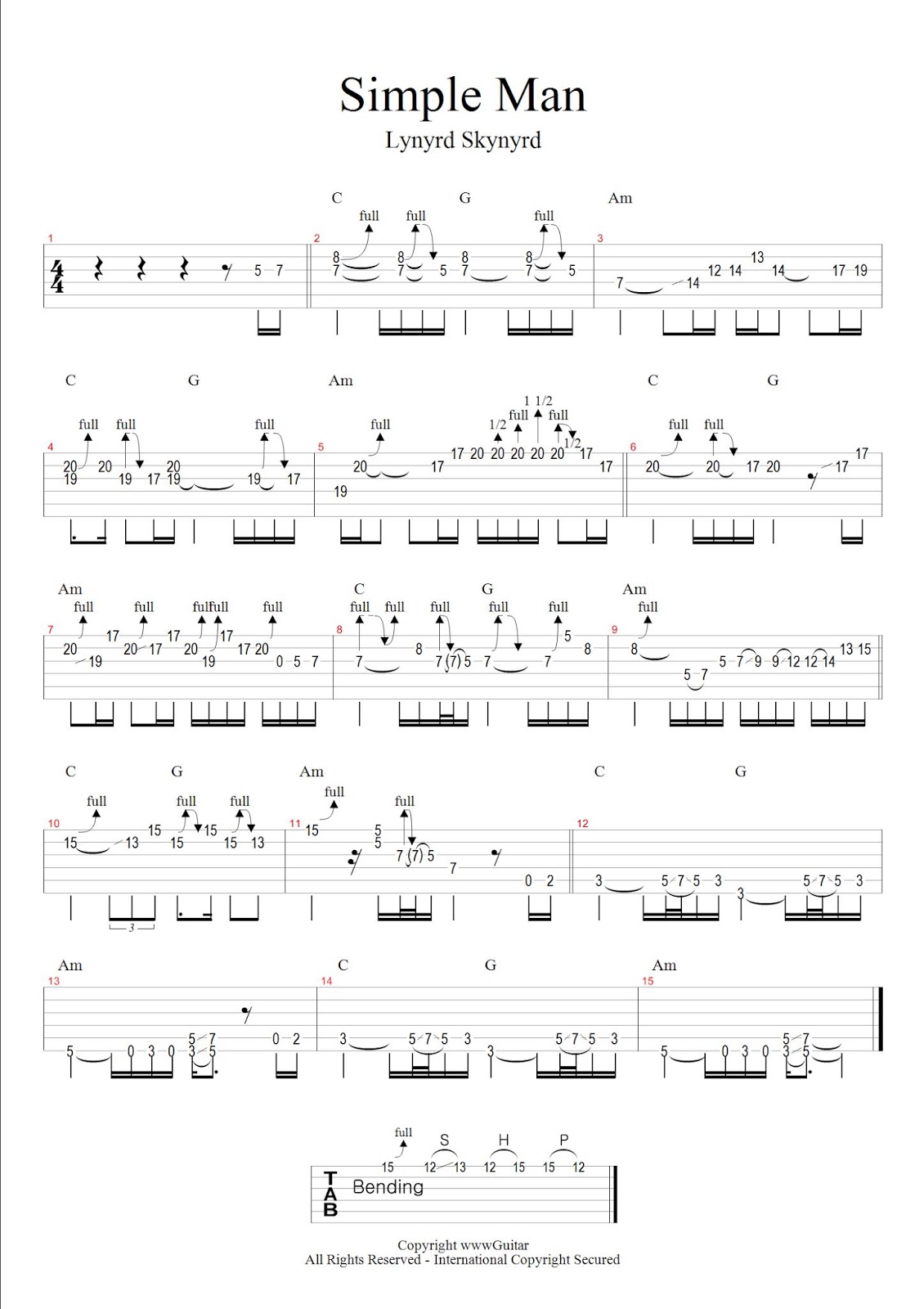 lynyrd skynyrd - simple man (tab) score
