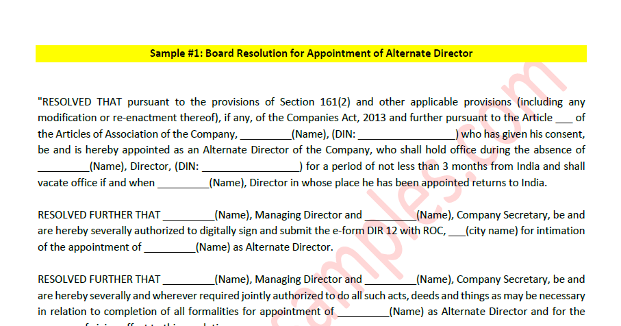Alternate Director Appointment Board & Shareholder Resolution