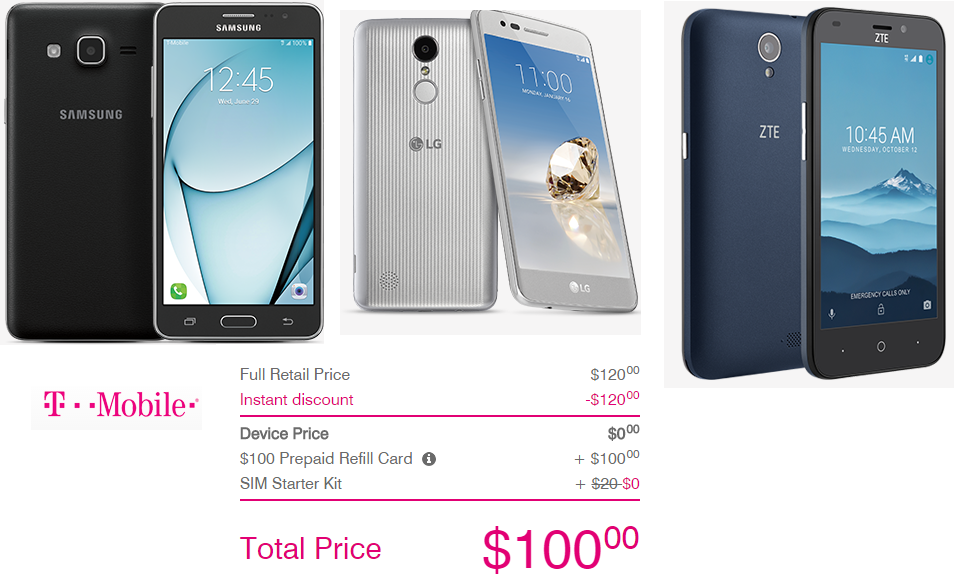 $100 T-Mobile Prepaid Refill Card + Prepaid Samsung, LG, HTC or ZTE ...