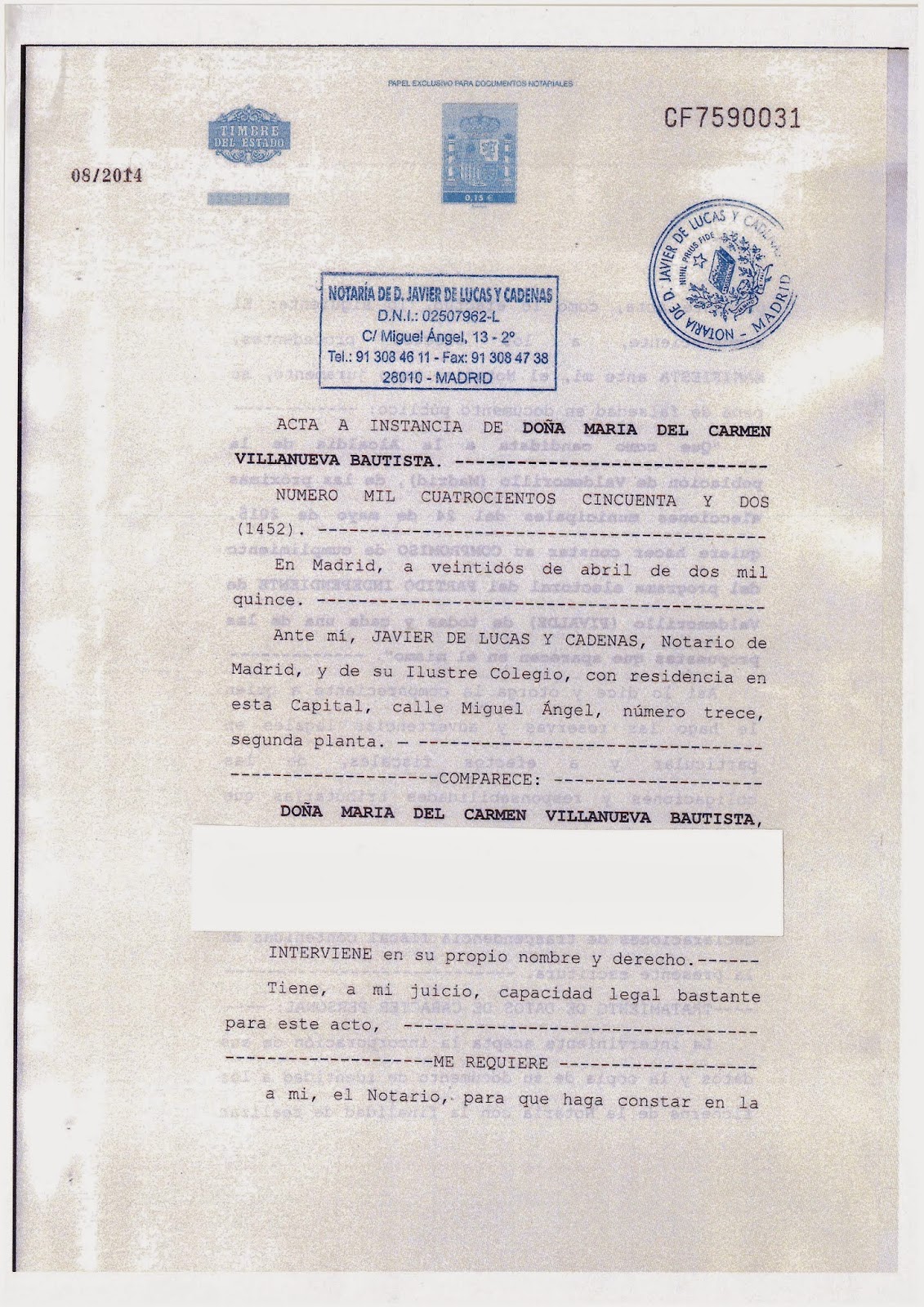 PARTIDO INDEPENDIENTE DE VALDEMORILLO: ACTA NOTARIAL