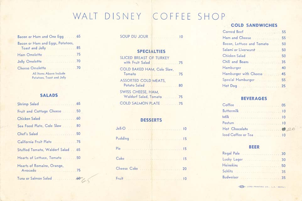 Random Neat Stuff: 1950s Walt Disney Studio Commissary Menu - Coffee ...