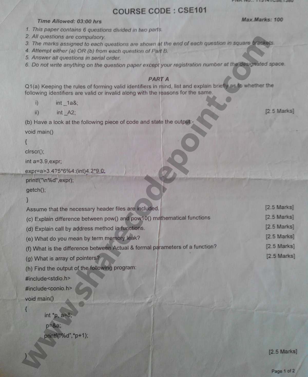 CSE101 : Computer Programming Final Exam Question Paper | lpu CSE101 : Computer Programming Final Exam Question Paper | lpu