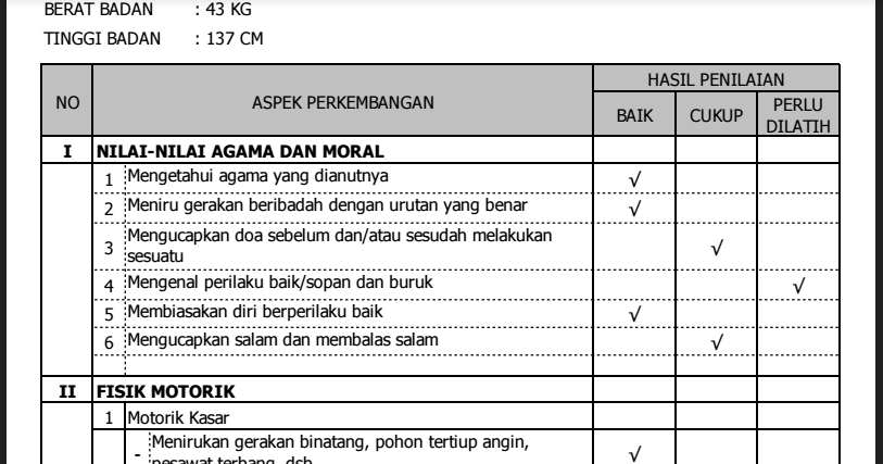 Contoh Raport PAUD Kurikulum 2013 Terbaru - Bimbel Sekolah