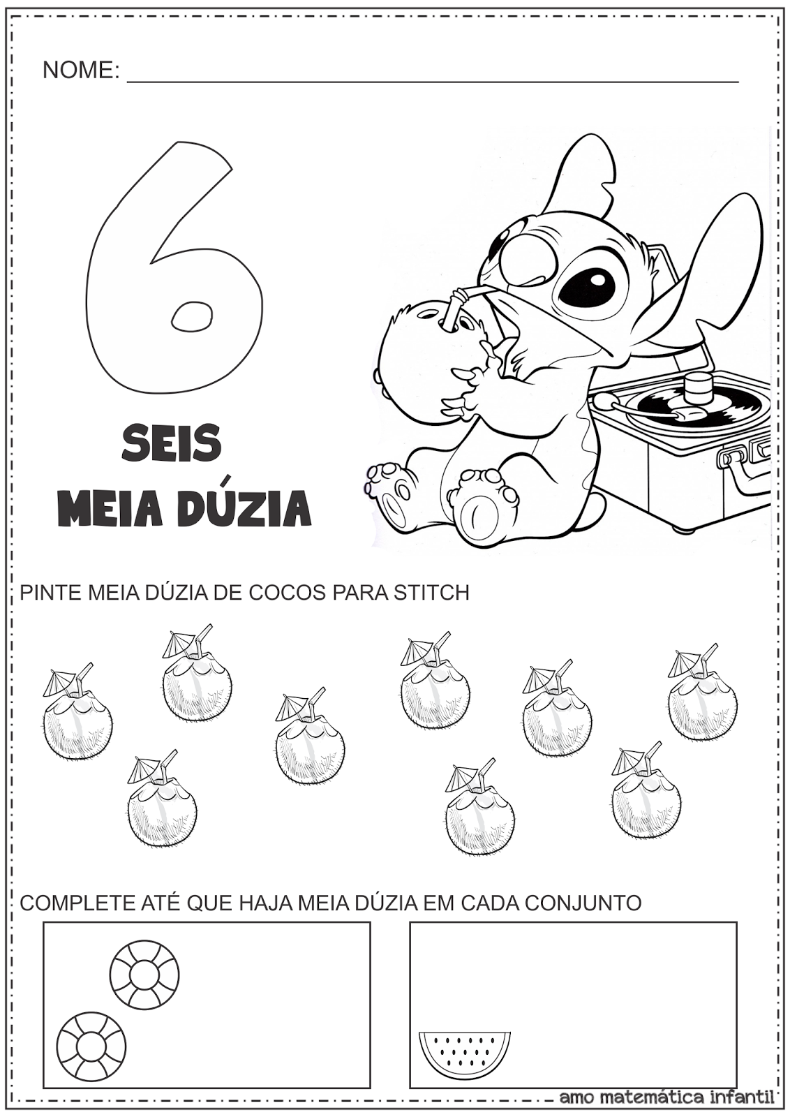 Matemática Infantil: Meia Dúzia Atividades Lilo e Stitch Numeral 6