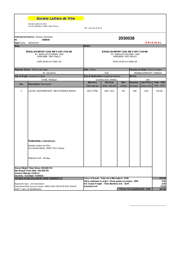 Brazilian Import: CANAL VERMELHO - LEITE EM PÓ - INVOICE