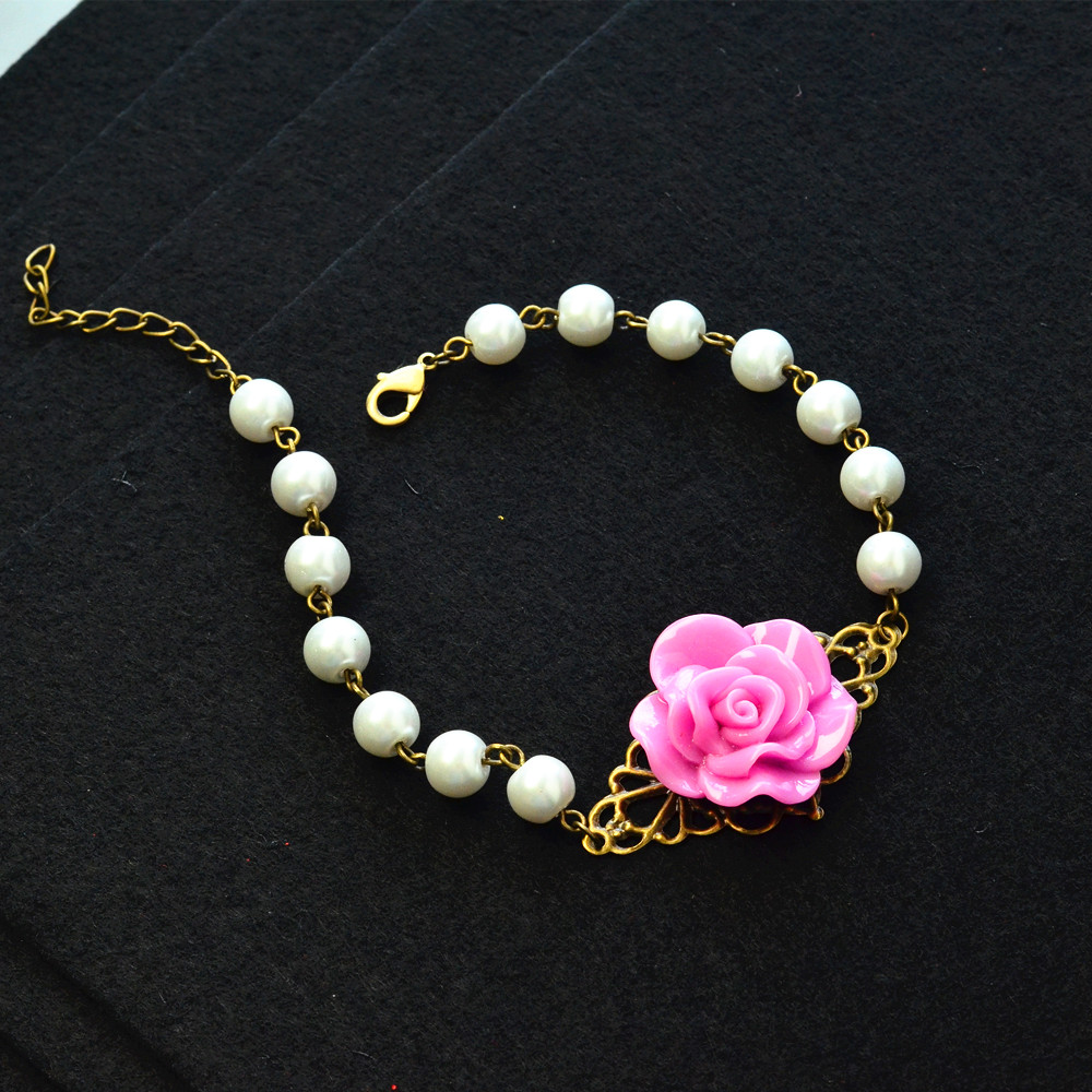 Pink Rose Bracelet with Pearl Beads
