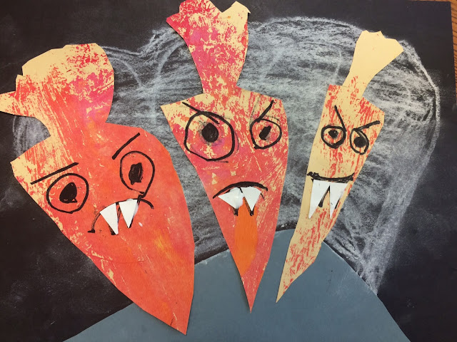 Make A Mark: "Creepy Carrots" collages created by 1st grade