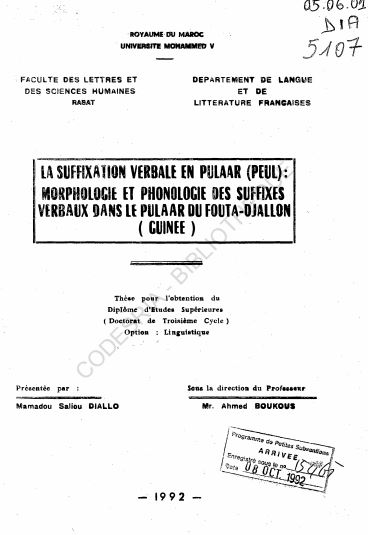 Mamadou Saliou DIALLO : La suffixation verbale en Pulaar (Peul ...