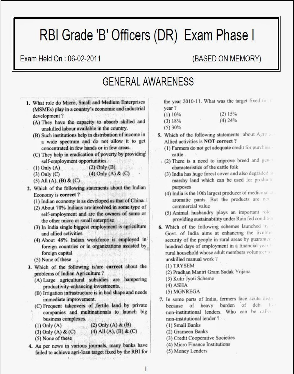 Previous Year Solved Question Paper of RBI Grade B Officer Exam Phase 1 ...