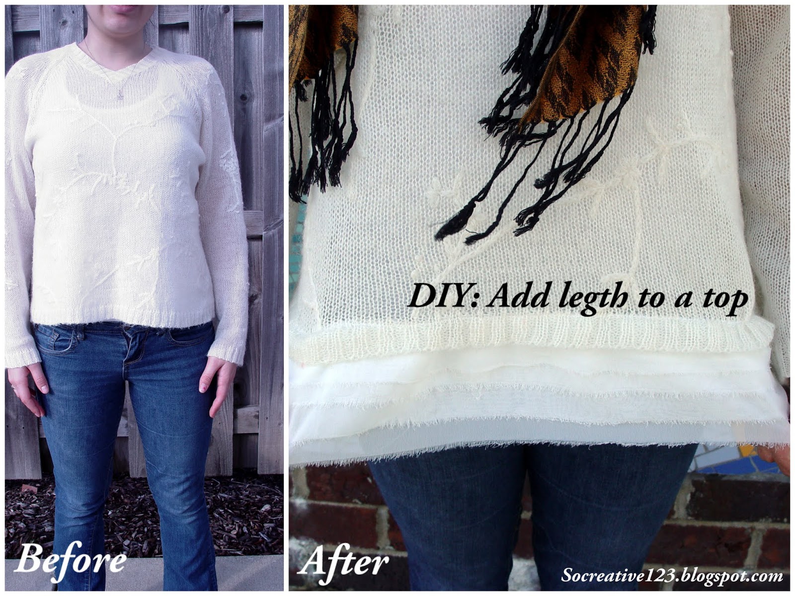 So Creative!: White Sweater Refashion. Add length to a sweater or shirt