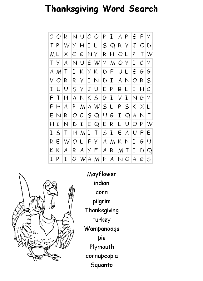 Fichas de Inglés para niños: Thanksgiving wordsearch
