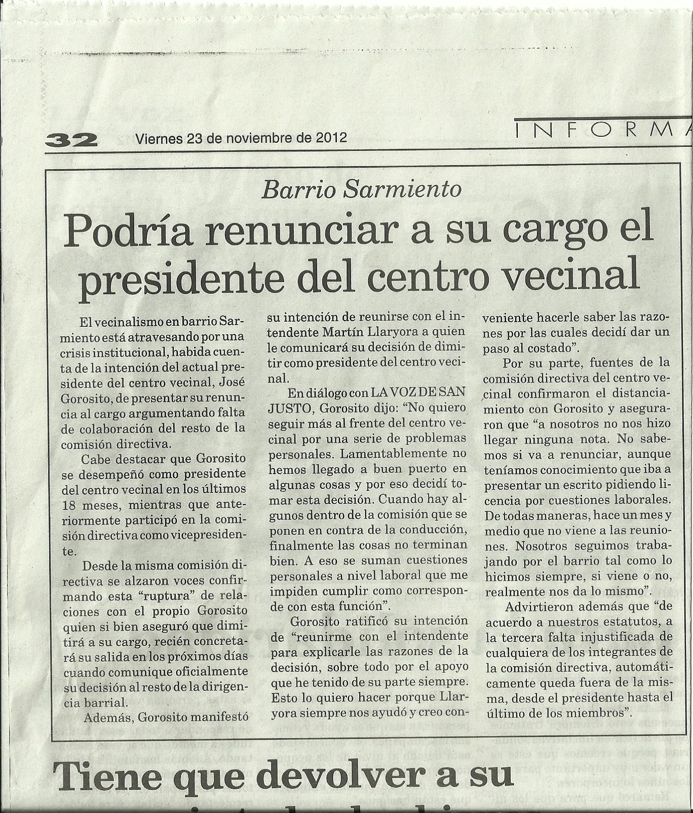 CENTRO VECINAL "BARRIO SARMIENTO": NOTA PERIODÍSTICA DE "LA VOZ DE SAN ...