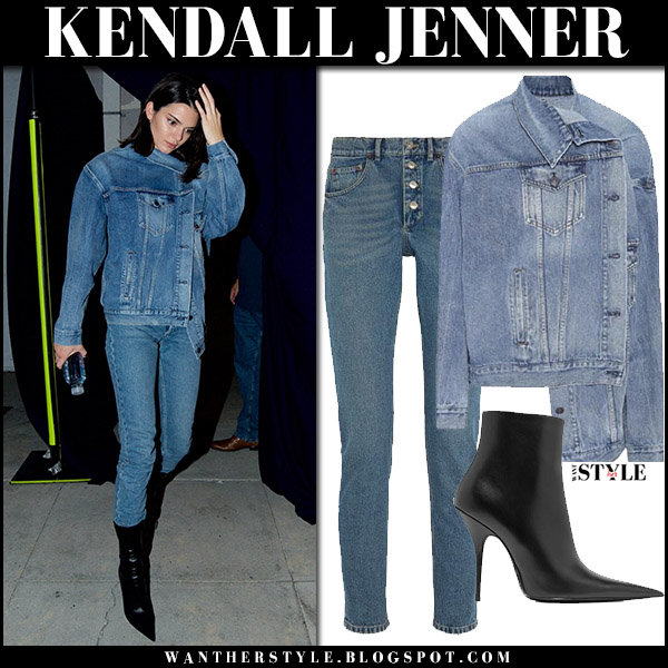 Kendall Jenner in denim asymmetric jacket and jeans from Balenciaga ~ I ...