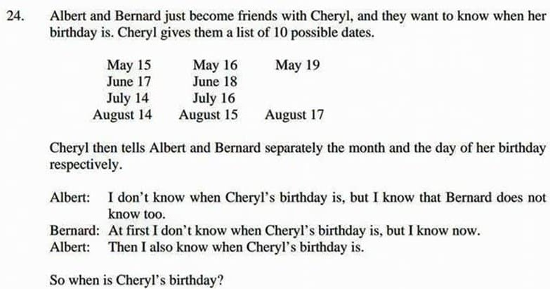 Cheryl's Birthday Problem (from SASMO 2015) and Solution