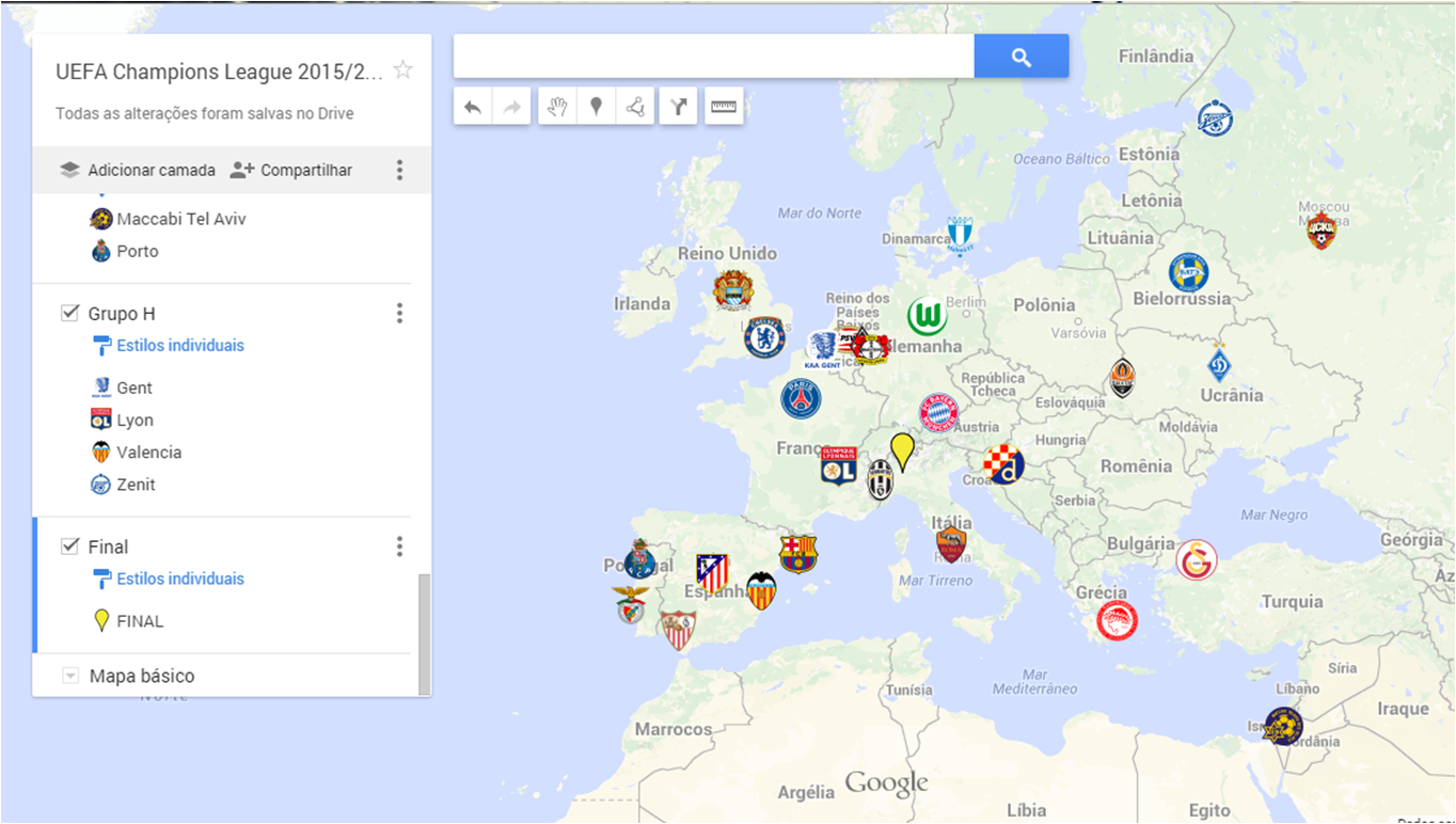 Esporte, Mapas e Excel: Mapa Interativo: UEFA Champions League 2015/16