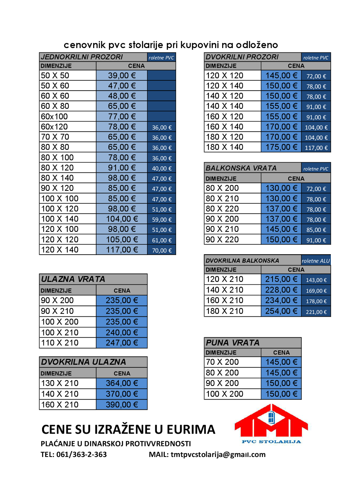 TMT PVC STOLARIJA: CENOVNIK