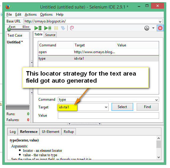 Selenium-By-Arun: Using type command in Selenium IDE for typing text into a text area field