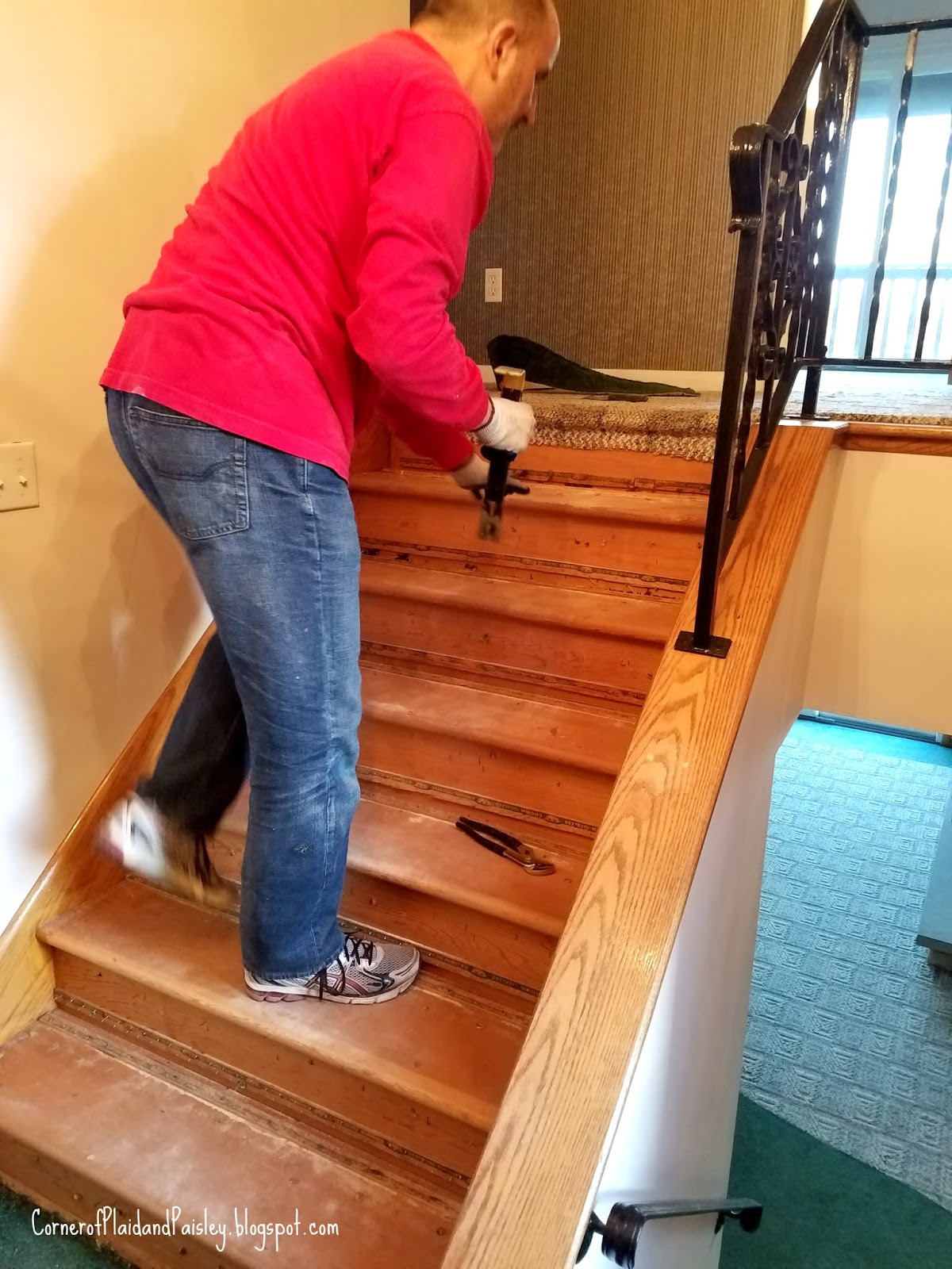 Before and After of our Lake House Stairs and Landing - Corner of Plaid ...