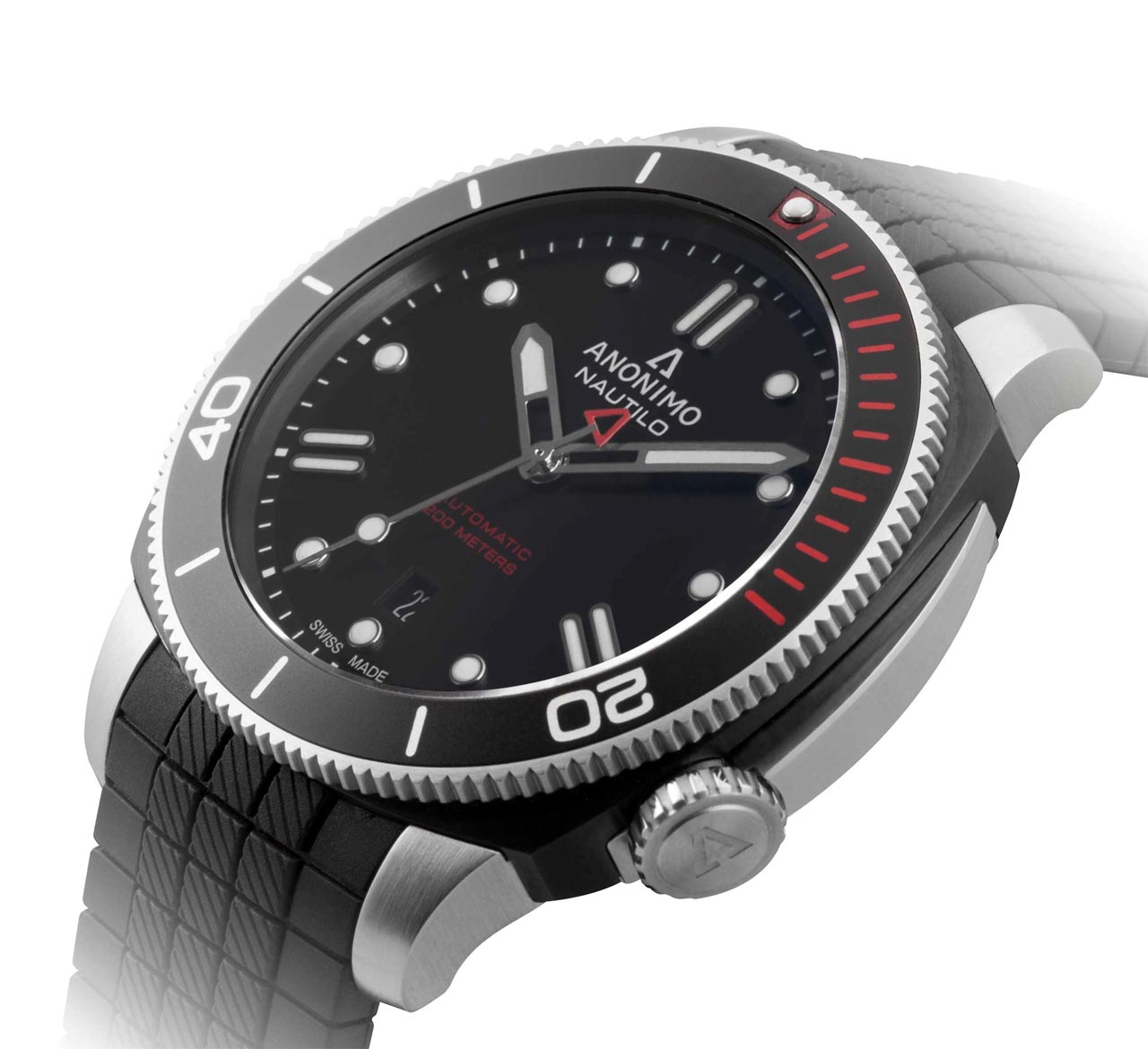 The 44.4 mm cushion case features a hypoallergenic titanium back and is ...