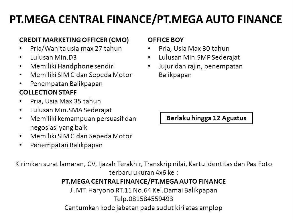 Lowongan Kerja Kota Balikpapan: Lowongan PT.MEGA CENTRAL FINANCE/PT ...