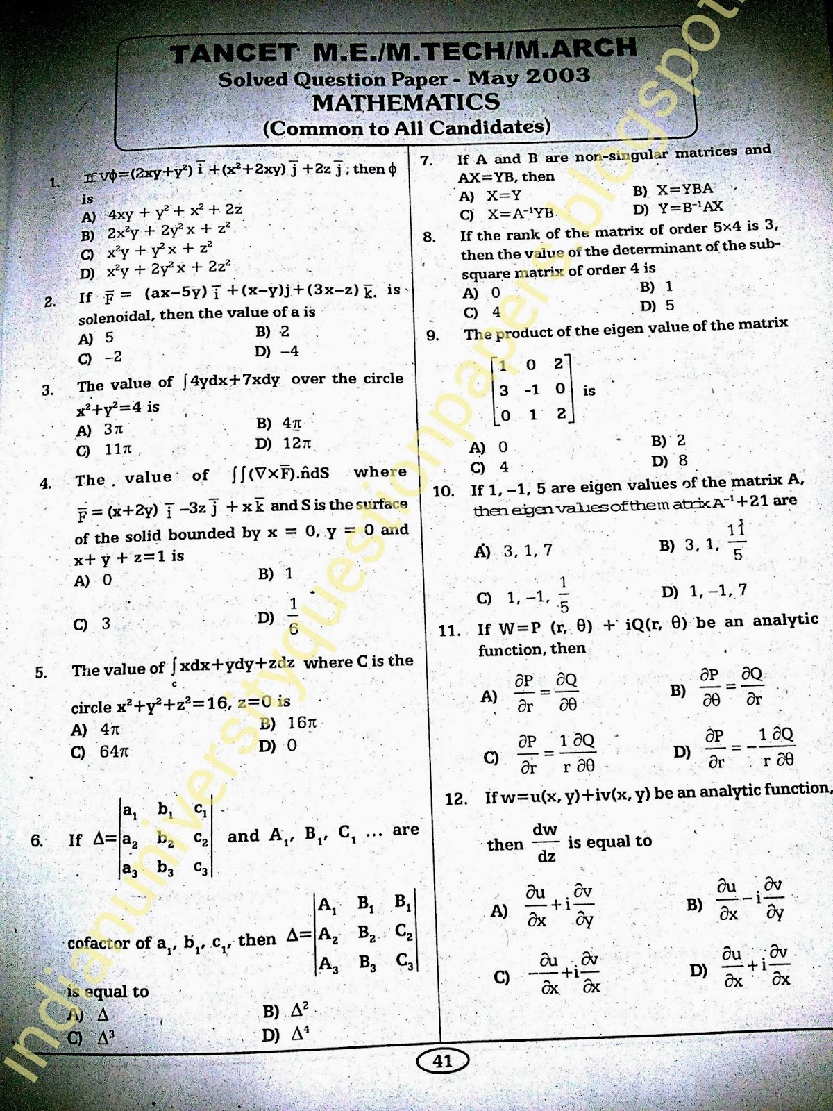 Anna University TANCET-2003 solved question paper for M.E/M.Tech/M.Arch ...