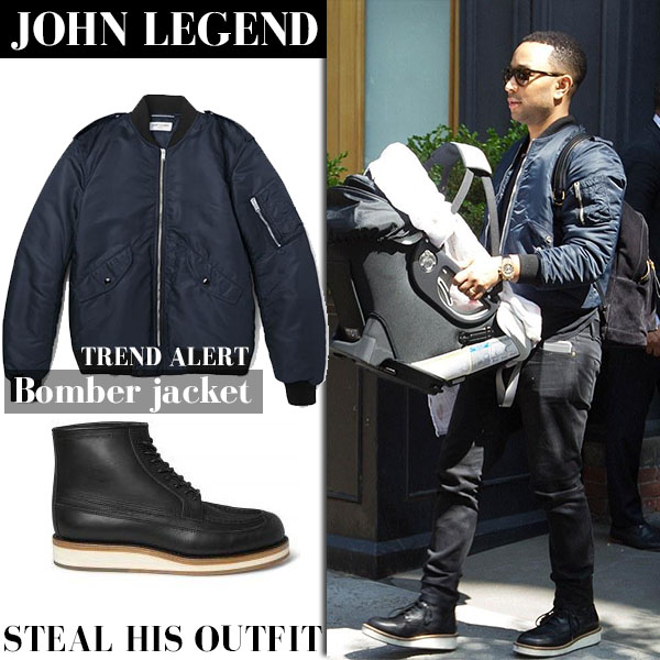 John Legend in blue satin bomber and leather boots