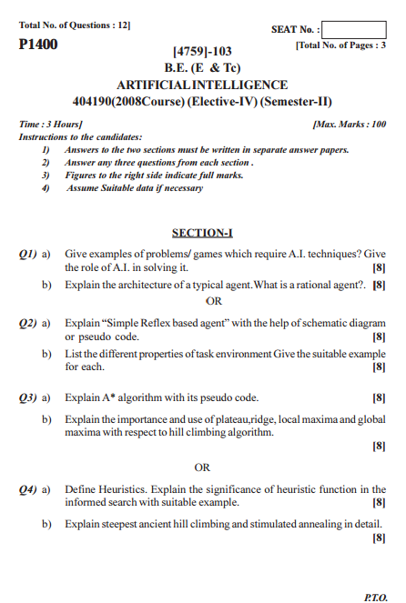 ARTIFICIAL INTELLIGENCE BE ETC Elective Pune University April 2015 ...