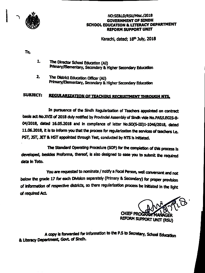 KNOWLEDGE FOR ALL: REGULARIZATION OF TEACHERS RECRUITMENT THROUGH NTS ...