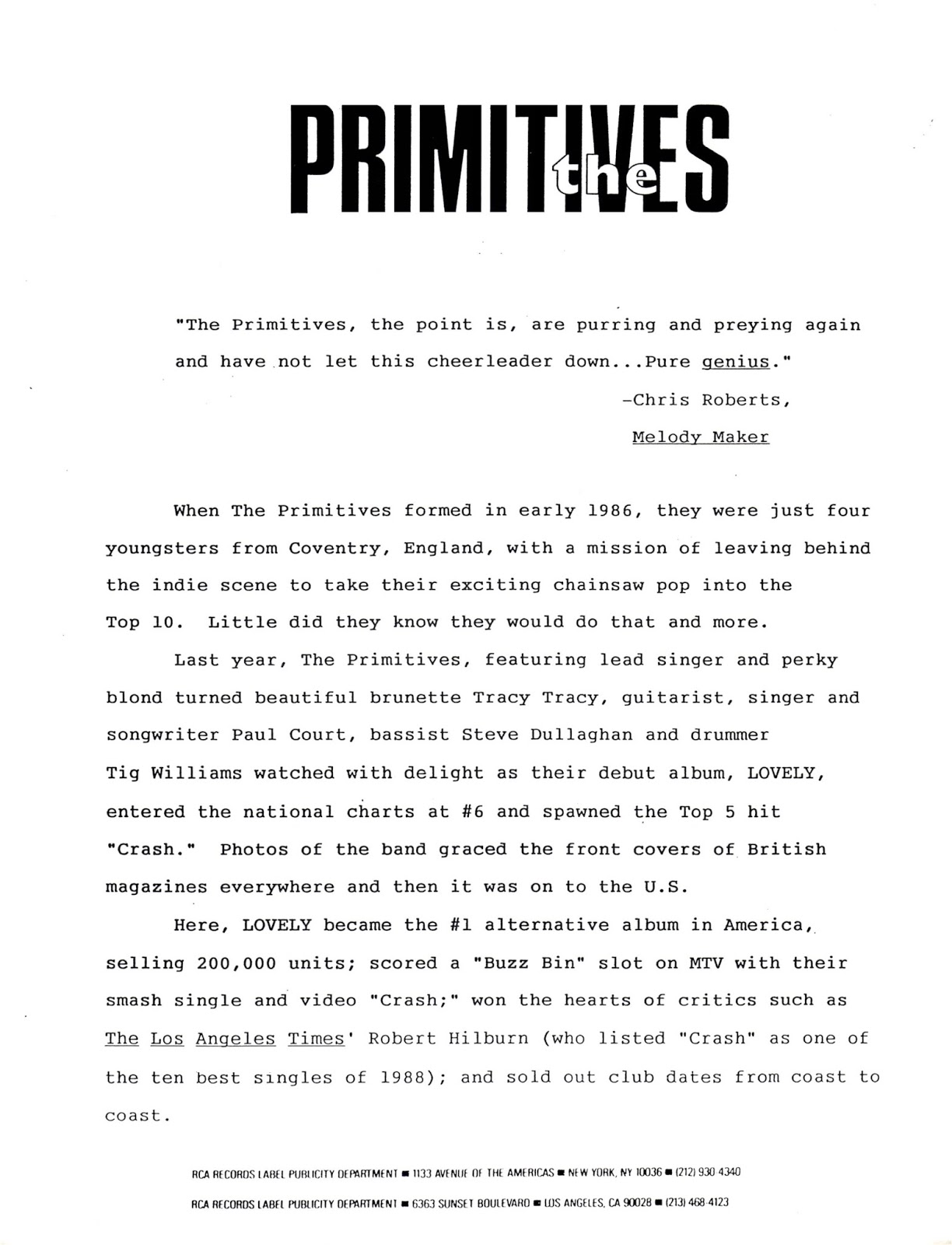 Lansure's Music Paraphernalia: THE PRIMITIVES | TRACY CATTELL | Press Kits