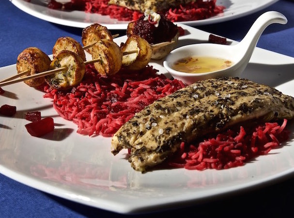 FISH & BEET : Steamed fish on a beet rice bed , served with roast ...