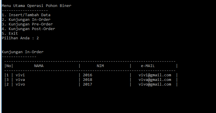 ShareCod: Contoh program tree (pre order, in order, post order) c++