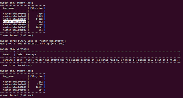 About MySQL: About the new warnings generated during 'PURGE BINARY LOGS ...