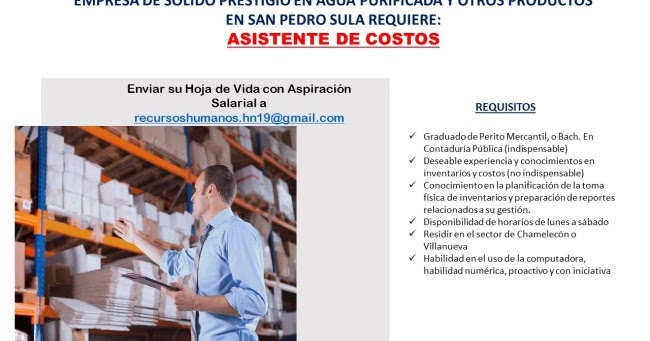 Asistente de Costos - Chamelecón ó Villanueva
