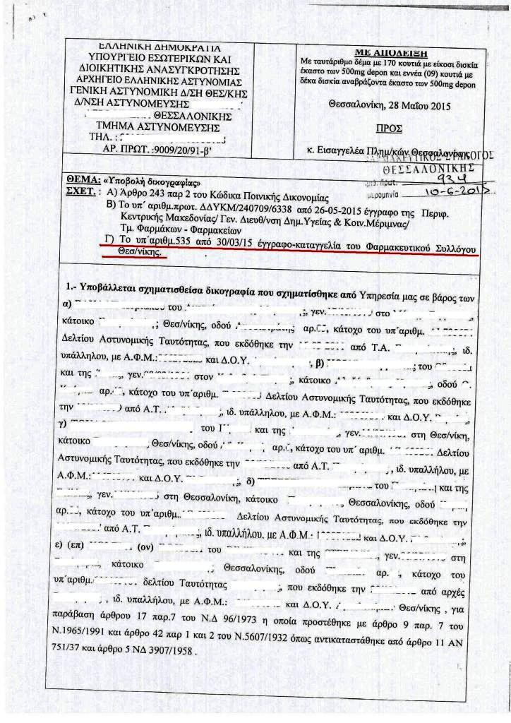 ΦΣΘ: ΔΙΚΟΓΡΑΦΙΑ ΓΙΑ ΠΑΡΑΝΟΜΗ ΠΩΛΗΣΗ ΜΥΣΥΦΑ ΕΚΤΟΣ ΦΑΡΜΑΚΕΙΩΝ