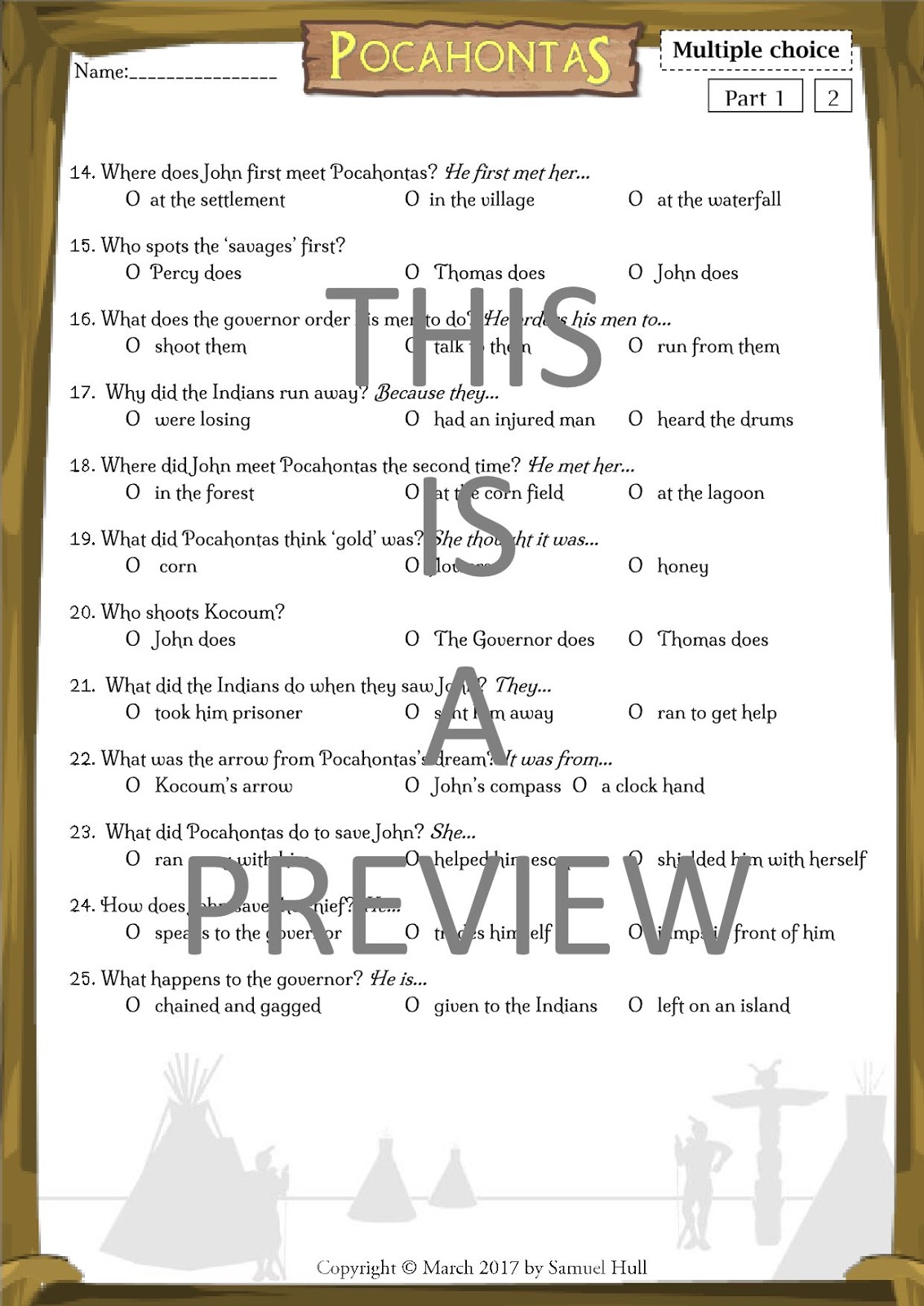 Pocahontas Movie Guide + Activities - Answer Key Inc. (Color + B&W ...