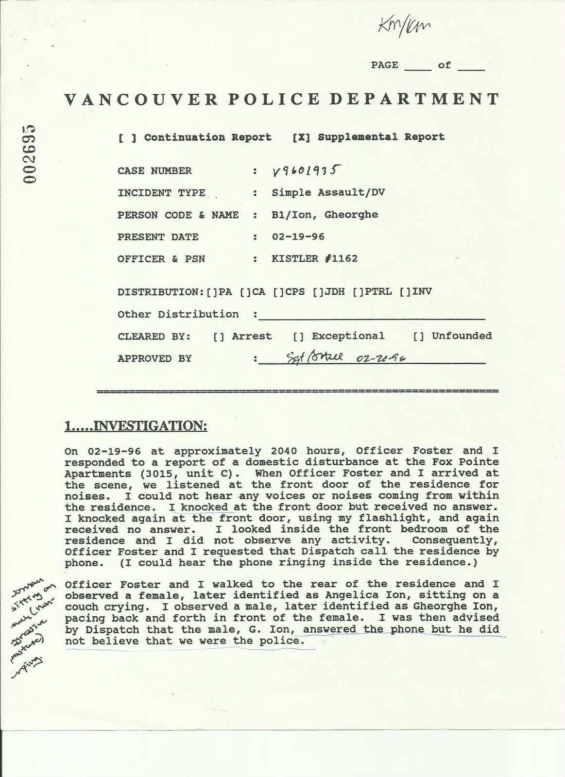 George's Blog For Friends: 022096 Vancouver WA Police Report