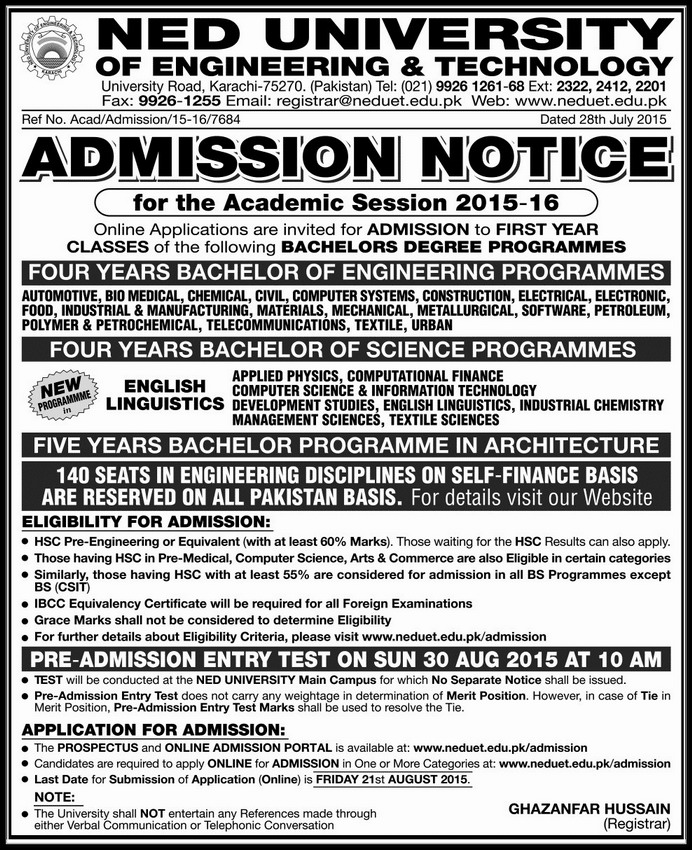 Ned University Of Engineering And Technology 2015 Admissions - Shehar-e ...