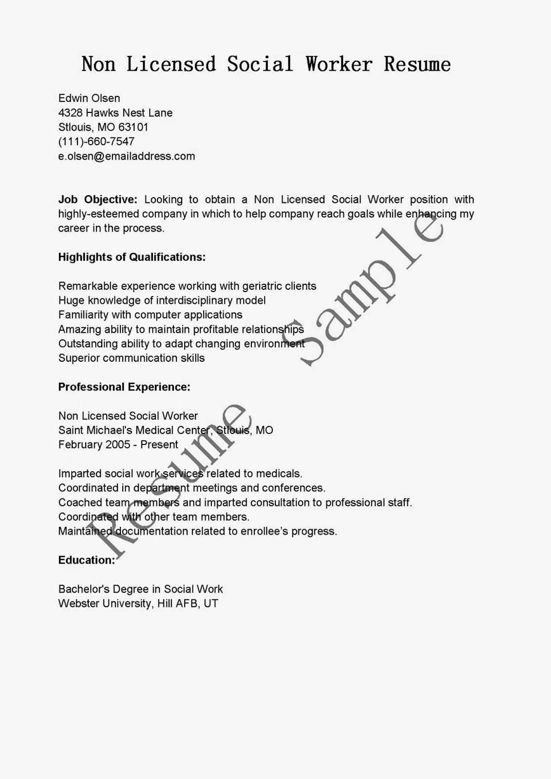 Resume Samples: Non Licensed Social Worker Resume Sample