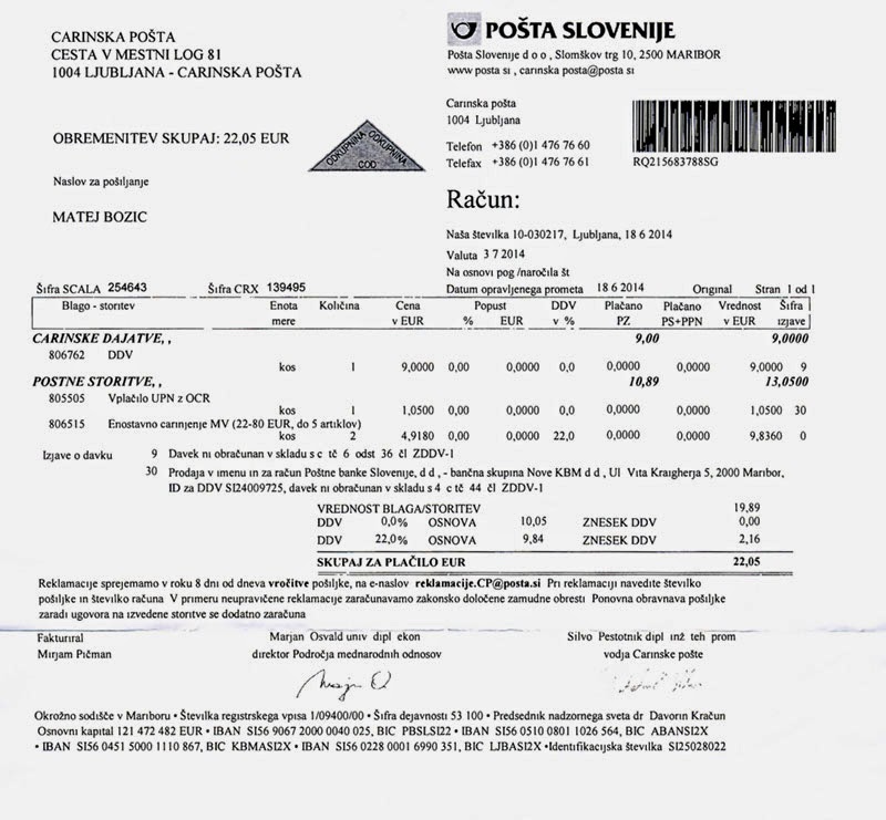 Matejev blog: Inkasantstvo slovenske carinske pošte