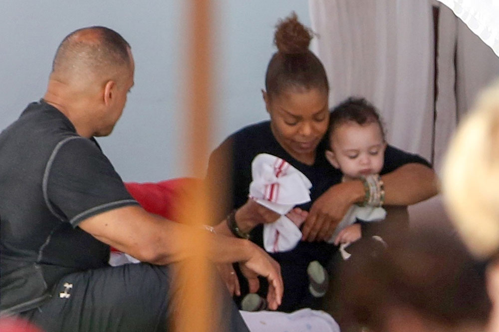 Janet Jackson pictured feeding her baby son Eissa in Miami Beach, Florida