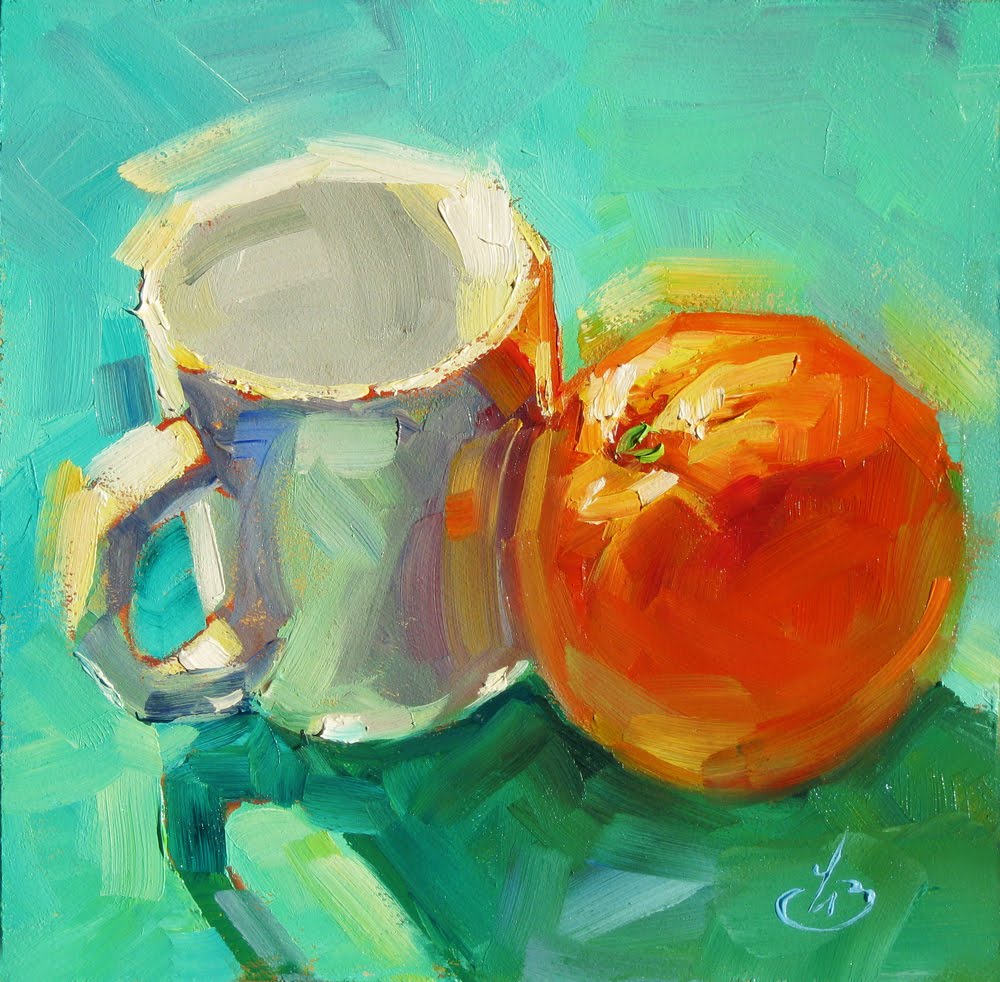 TOM BROWN FINE ART: COLORFUL STILL LIFE WITH ORANGE by TOM BROWN