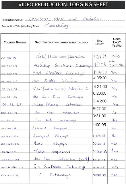 A2 Media Coursework: Tap Log Sheet